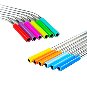 Youngever Stainless Steel Straws with Silicone Tips, 12 Pack, 10.5 Inch and 8.5 Inch Reusable Drinking Straws for 20 30 Ounce Tumblers Cups Mugs, with Food-Grade Silicone Tips and Brush