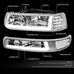 DNA MOTORING HL-LB-CSIL99-CH-CL1 Chrome Housing Pair LED DRL Headlight Bumper Lamps Replacement For 99-02 Silverado