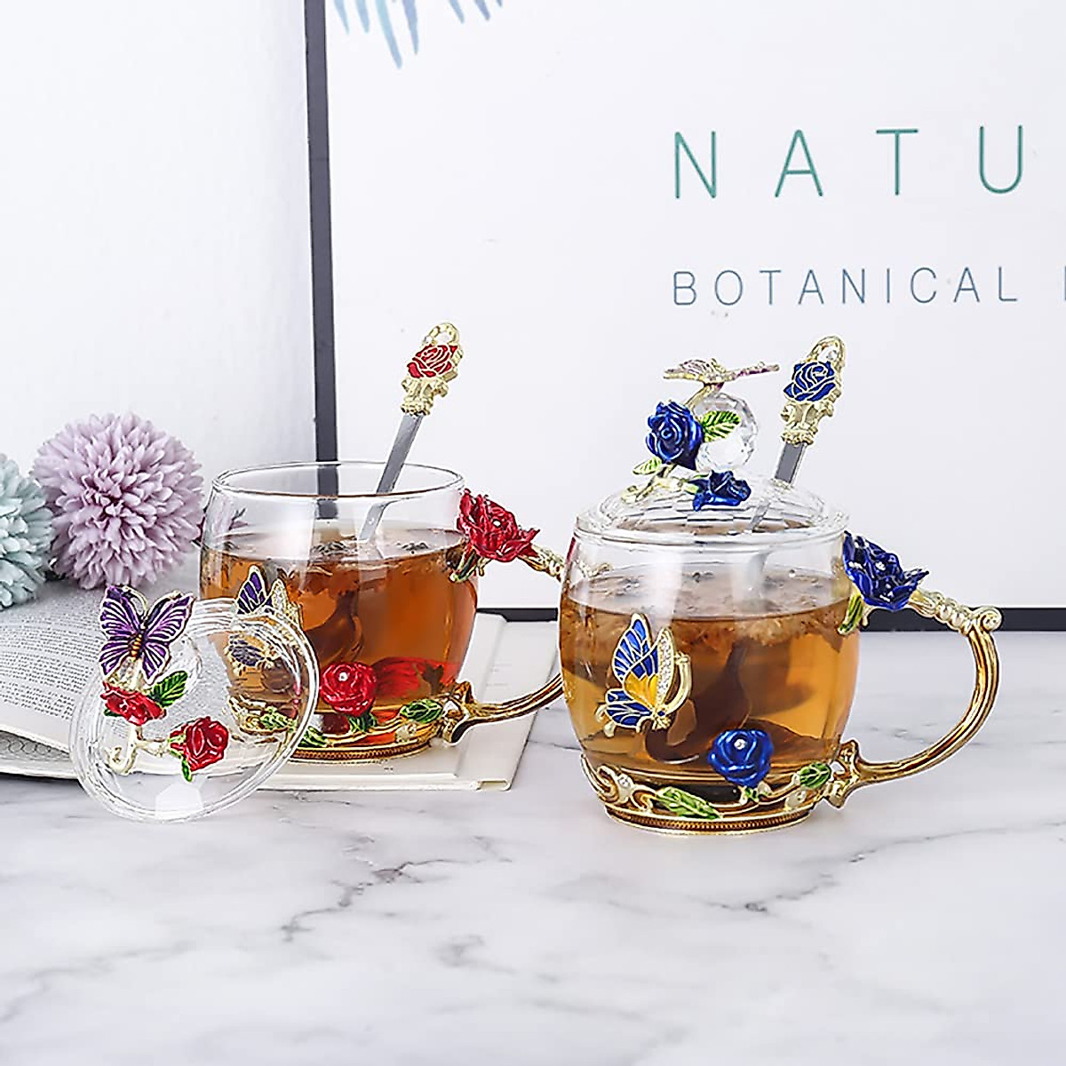 Guon-Wuvl 2 Pack Flower Teacup Transparent Glass Teacup, (With Spoon + Lid), Fancy Tea Cups, Flower Tea Cup,Tea Cup Gift, Tea Sets for Women,Gifts for Women (E)