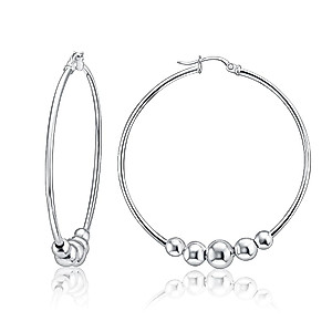 Sterling Silver Polished and Hammered Beads Round Hoop Earrings (1 3/4 Inch)