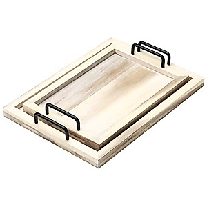 everous Wood Serving Tray with Handles Set of 2,Acacia Wood Butler Platters Serve Breakfast, Appetizer, Coffee, Bar, and Food(White)