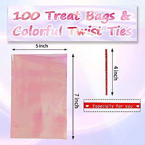 Cellophane Bags,100 Pcs 5x7 Inch Cellophane Treat Bags, Iridescent Holographic Candy Bags, Clear Goodie Bags with Colorful Twist Ties for Birthday Party Favors, Halloween,Christmas, Weddings, Baby Showers