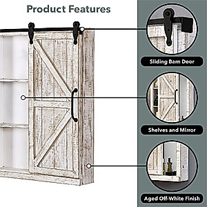 FirsTime & Co. Off-White Winona Barn Door Mirrored Cabinet, Storage with Shelves for Bathroom, Kitchen and Office, Wood, Farmhouse, 28 x 21 Inches