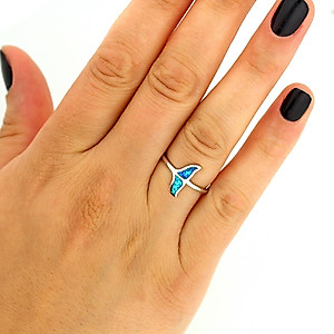 Sterling Silver 925 Fishy Tail Ring Simulated Blue Opal Whale Tail Stackable band Ocean Animal Jewelry for Women (10)