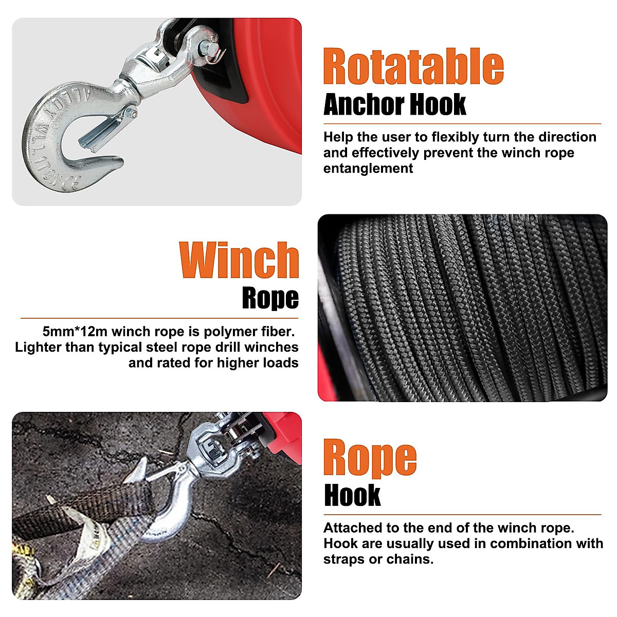 Lonsge Portable Drill Winch of 1000 Lbs, Red Handheld Drill Winch with 40 Foot Synthetic Rope, Rotate The Hook 360 Degrees, for Lifting & Dragging(Red)