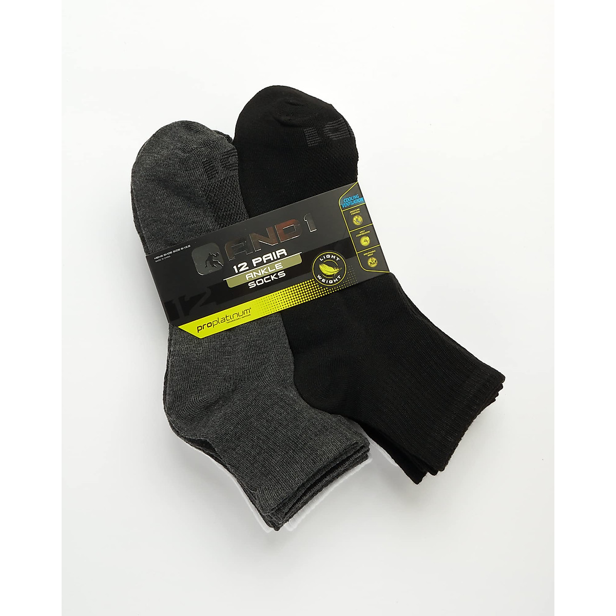 AND1 Men's Socks - PROPLATINUM Lightweight Quarter Cut Socks (12 Pack), Size Shoe size: 6-12.5, Assorted