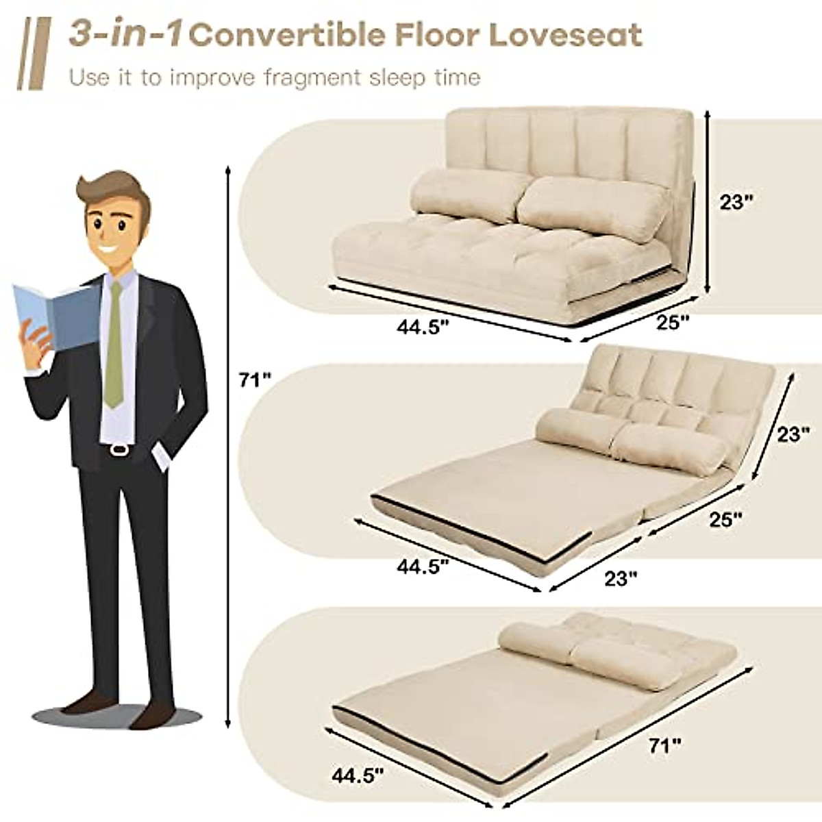 KOMFOTT Adjustable Floor Sofa Bed, Foldable Lazy Sofa Sleeper Bed with 6 Position Backrest & 2 Pillows, Convertible Futon Couch Bed with Suede Cloth Cover, Lounge Recliner for Living Room