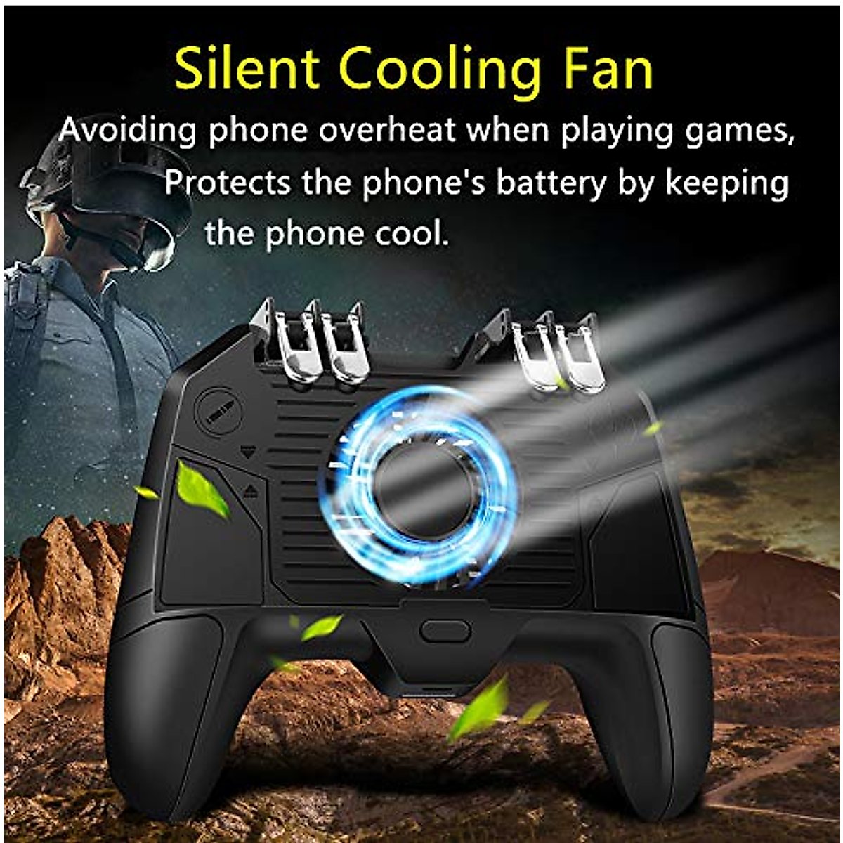 Mobile Game Controller[The Latest Version] 4 Trigger with 4000mAh Power Bank Cooling Fan for PUBG/Call of Duty/Fotnite [6 Finger Operation] L1R1 L2R2 Gamepad Trigger for 4.7-6.5" iOS Android Phone
