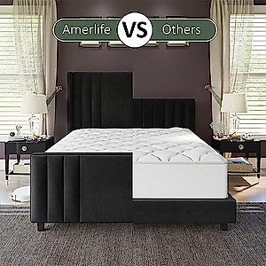 AMERLIFE King Size Bed Frame, Velvet Upholstered Platform Bed with Vertical Channel Tufted Headboard & Footboard/Wingback, Mattress Foundation with Wood Slats, No Box Spring Needed, Black