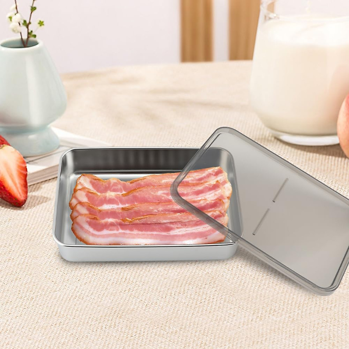 Bacon Container for Refrigerator with Lid Stainless Steel Deli Meat Storage Containers for Fridge Anti Slip and No Stick Keep Fresh Kitchen Food Storage Containers(Silver)