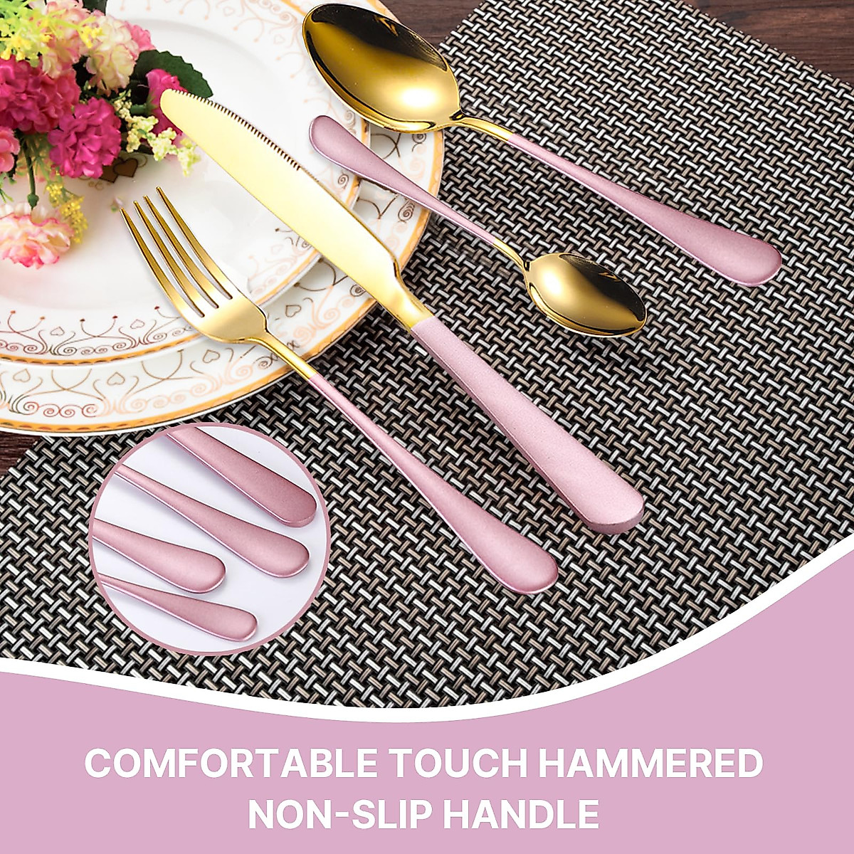 24 Pieces Flatware Set, Caliamary Stainless Steel Flatware Set with Silverware Holder Spoons Forks Knives,Utensils Set Service for 6,Gold Mirror Polished and Matte Pink Painted (Pink)…