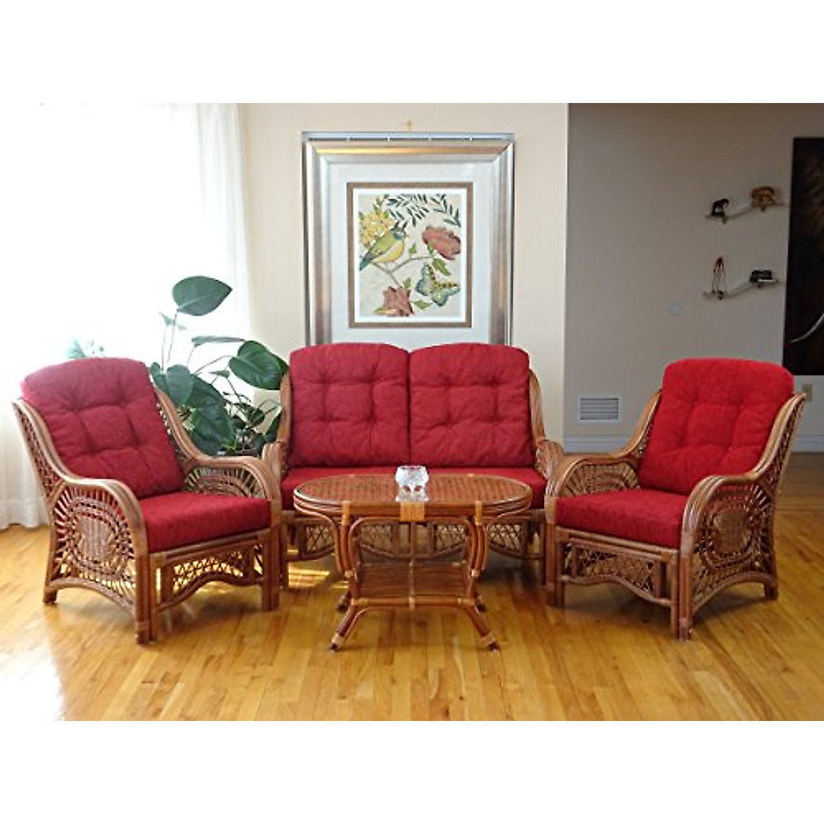 Malibu Lounge Set of 4: 2 Natural Rattan Wicker Chairs, Loveseat with Red Cushions and Coffee Table w/Glass Handmade, Colonial