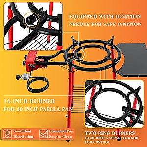 GRISUN Tabarca Paella Pan Set with Paella Burner, 20 Inch Enameled Steel Paella Pan with Side Shelf, 4 Reinforced Legs with Bottom Shelf, Paella Burner with Regulator Hose and Igniter (14 Servings)