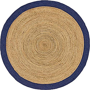 Unique Loom Braided Jute Collection Classic Quality Made Natural Hand Woven with Solid Color Detail Area Rug (8' 0 x 8' 0 Round, Natural/ Navy Blue)