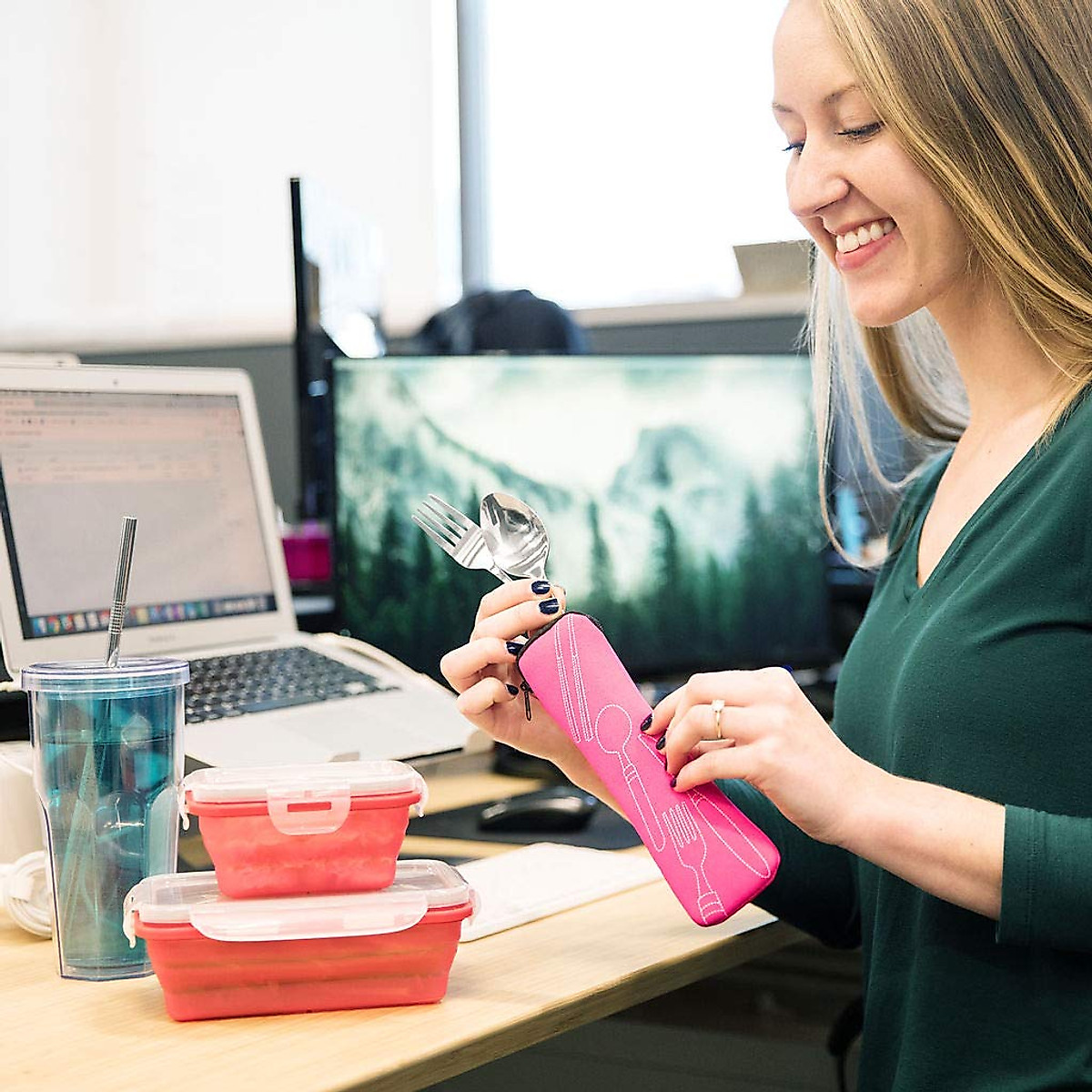 Roaming Cooking Reusable Travel Utensils with Case | Fork and Spoon Set with Knife, Chopsticks and Optional Reusable Straw– Office, Travel, or Camping Accessories| Lightweight Sturdy Reusable Utensils