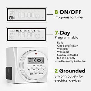 BN-LINK 7 Day Heavy Duty Digital Programmable Timer, FD60 U6, 115V, 60Hz, Dual Outlet, Indoor, for Lamp Light Fan Security UL Listed