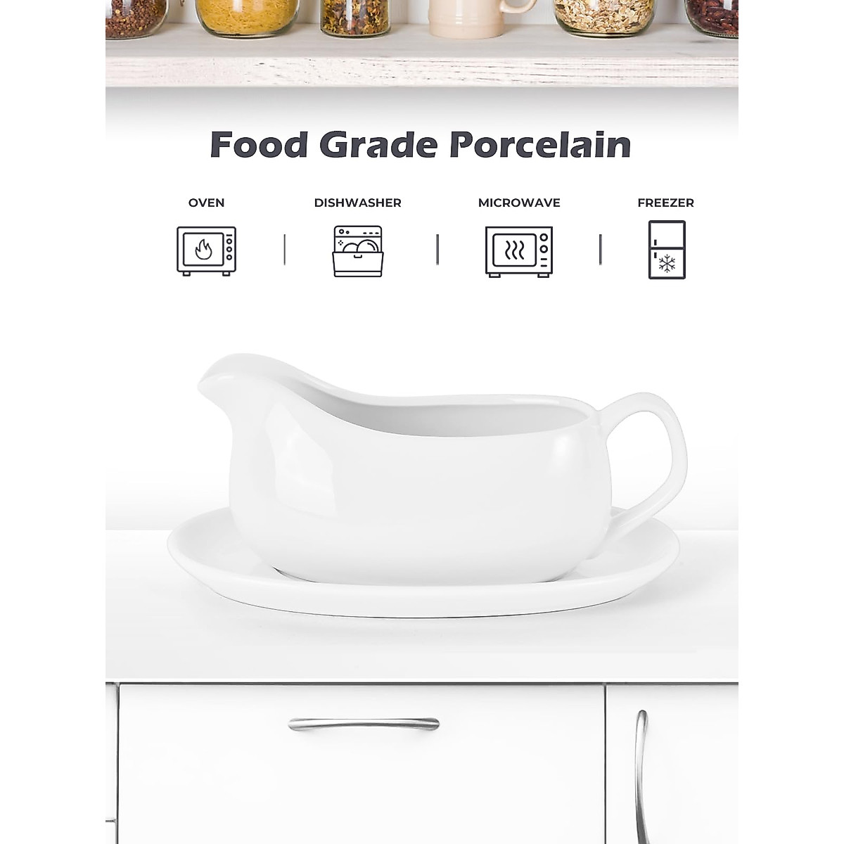 LoeJan Gravy Boat with Spoon, Ceramic Sauce Serving Dish, Easy-Pour Big Dripless Lip Spout Serveware Set For Salad Cream Milk Broth Black Pumpkin Thanksgiving (14 OZ & Tray)