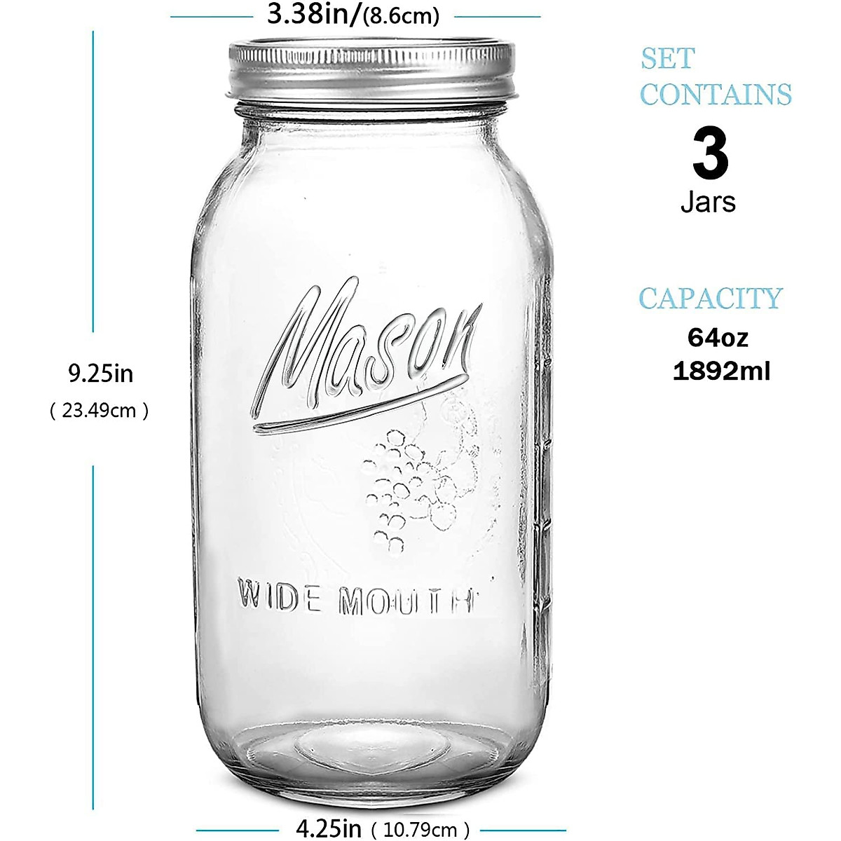 Yniken 3 Pack Large Mason Jars 64 oz Wide Mouth Half Gallon Mason Jars with Airtight Lid and Band, Durable Glass Food Storage Jars, Clear Glass Jars for Canning, Fermenting, Pickling, Storing