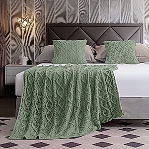 Homiest Sage Green Cable Knit Throw Blanket 90 x 90 Inch, Queen Lightweight Blanket Acrylic Knitted Throw Blanket with Diamond Texture, Soft & Cozy Blanket Decorative Throw Blanket for Couch Bed Sofa