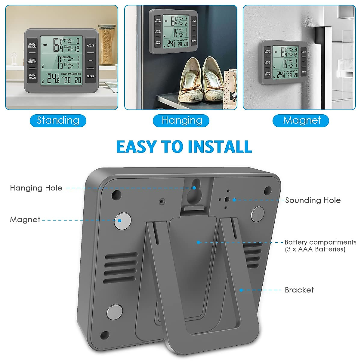 AMIR Upgraded Refrigerator Thermometer, Wireless Indoor Outdoor Thermometer, Sensor Temperature Monitor with Audible Alarm Temperature Gauge for Freezer Kitchen Home (Battery not Included, Grey)