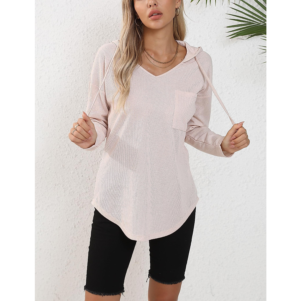 morhuduck Women's V Neck Hoodies Long Sleeve Sweatshirt Drawstring Pullover Tops with Pocket (Apricot M)