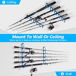 PLUSINNO H5 Horizontal Fishing Rod/Pole Holders for Garage, Wall or Ceiling Mounted Fishing Rod Rack, Aviation Aluminum Fishing Pole Holder Holds up to 5 Rod or Combos or Nets Storage Racks