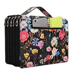252 Slots Colored Pencil Case-Twill Oxford Pencil Holder with Zipper Closure Colored Pencil Orangizer for Watercolor Pens or Markers Large Capacity Pencil Case for Artist or Student (Black Flower)