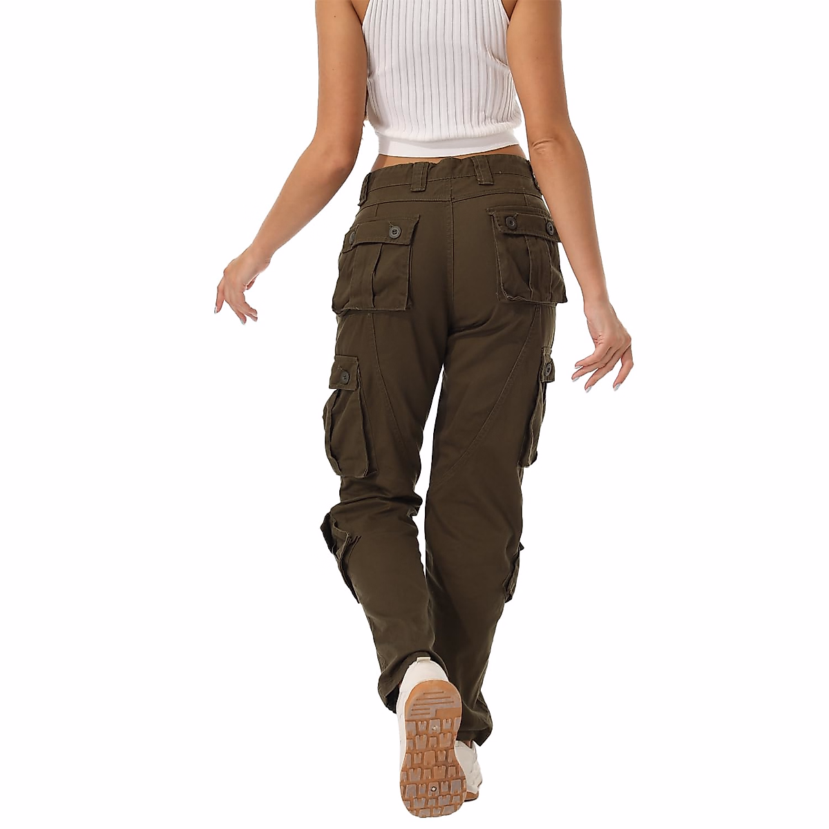 Raroauf Tall Girls Casual Pants for Women's Mid-Rise Cotton Work Cargo Pants Y2K Baggy Tactical Combat Trousers 8 Pockets Army Green Size 38/US 16