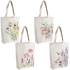 4 Pieces Reusable Tote Bags Canvas Tote Bags Canvas Reusable Shopping Bags Makeup Bags for Girls Women (Flower Style)
