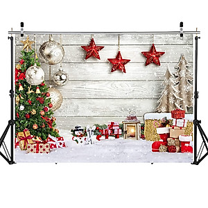 SJOLOON Christmas Backdrop White Wood Floor with Snowflake Backdrop Christmas Tree Gifts Background for Christmas Party Decoration Family Gathering 12392 (7x5FT)