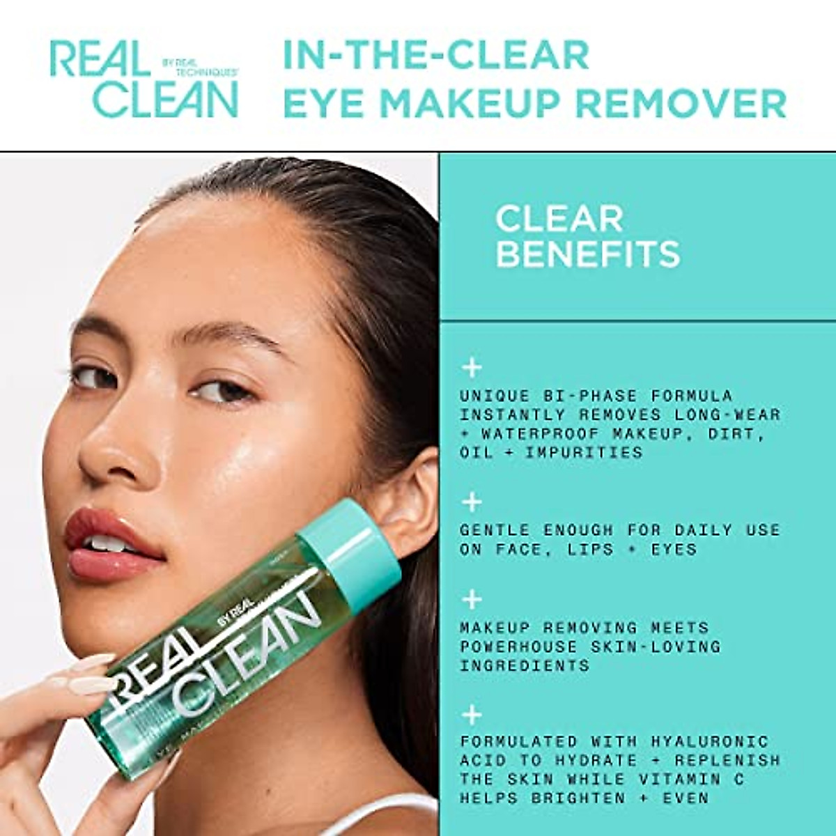 Real Techniques Real Clean In-The-Clear Eye Makeup Remover, Gentle Liquid Makeup Remover, Skin Repair Ingredients, Hyaluronic Acid & Vitamin C, Vegan & Cruelty-Free, 4 fl.oz./110 mL Bottle