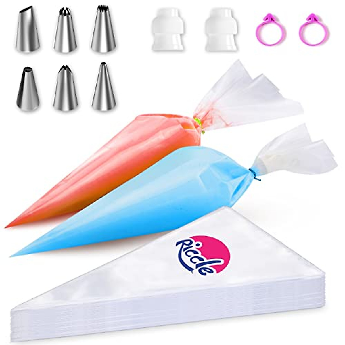 Riccle Piping Bags and Tips set - 12 Inch 100 Thickened Icing Bags and Tips Set - Pastry Bags for Frosting with 6 Piping Tips, 2 Couplers, 2 Icing Bags Ties - Frosting Piping Kit for Cake Decorating