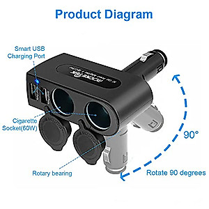 Rocketek 2-Socket Car Splitter Cigarette Lighter Adapter 4 in 1 Multi Power Outlet 12/24V 90W with 3.1A 2 USB Car Charger Adapter, Cigarette Lighter Splitter Adapter for iPhone Pad Phone Tablet GPS