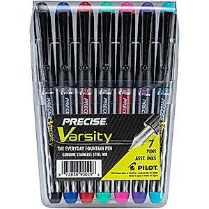 PILOT Pen 90029 Precise Varsity Pre-Filled Fountain Pens, Medium Point Stainless Steel Nib, Black/Blue/Red/Pink/Green/Purple/Turquoise, 7-Pack Pouch