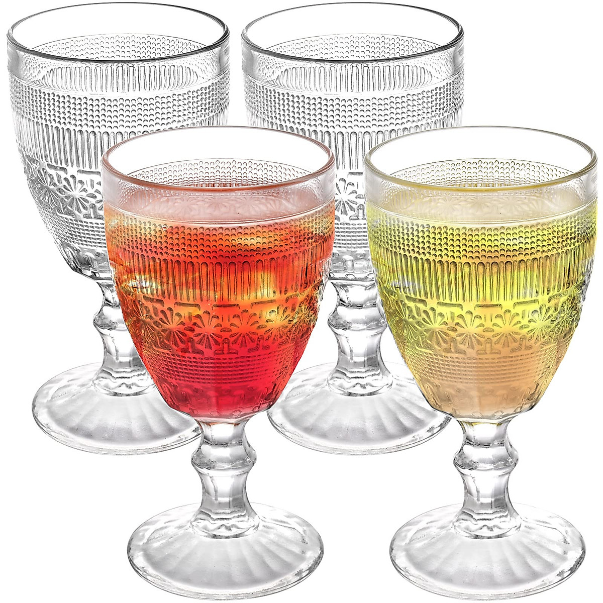 Coloch 4 Pack Wine Goblet Glasses, 11 Oz Vintage Water Glasses Set Romantic Mixed Drinking Glassware for Juice, Red Wine, Cocktail, Baby Shower, Wedding, Party
