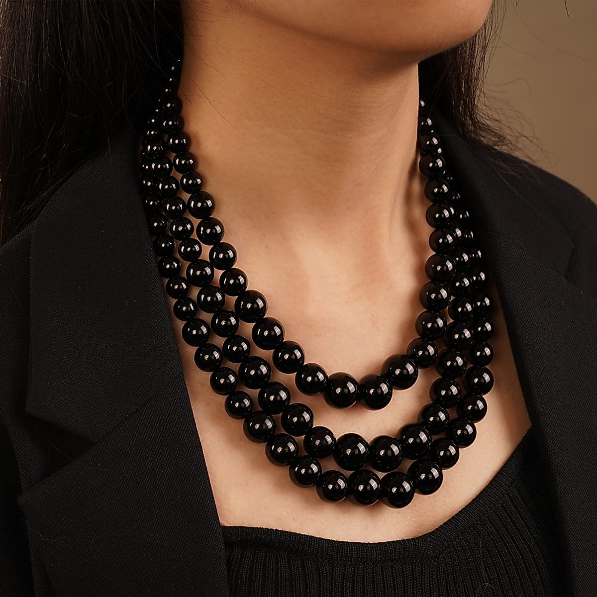 Chargances 3 Layered Beaded Strand Choker Pearl Statement Necklace and Earrings Set Round Ball Chunky Bib Collar for Women Girls Gift Festival Party (Black)