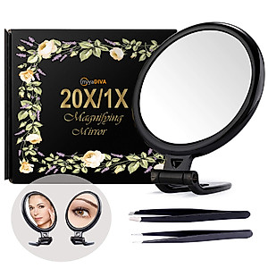5 Inch 20X Magnifying Mirror with Blackhead Tweezer Kit, Handheld Mirror with Handle, Portable Magnified Mirror with Eyebrow Plucking Tweezers, Foldable, Double sided, Black