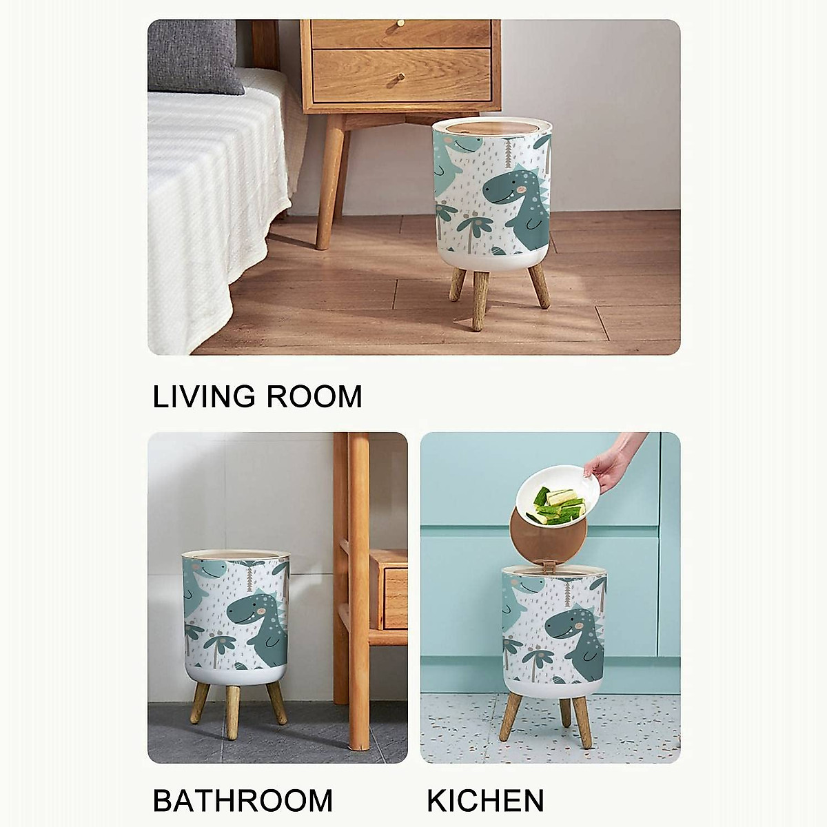 IBPNKFAZ89 Dinosaur Kids Small Cute Bathroom Trash Can with Lid, Kawaii Dog Child Proof Dino Palm Garbage Bin, Wood Waste Bin, Press Cover, Round Wastebasket, 8.66 x 14.3 inch