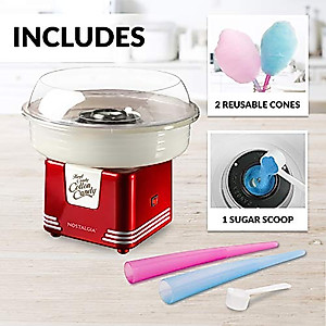 Nostalgia PCM405RETRORED Hard and Sugar Free Countertop Cotton Candy Maker, Includes 2 Reusable Cones and Scoop, Retro Red