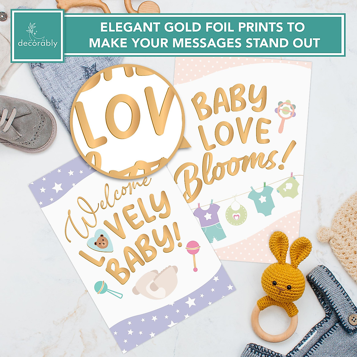 24 Pack Gold Foiled Baby Cards Congratulations With Envelopes & Stickers, 8 Designs with Printed Message New Baby Cards, 4x6" New Baby Card Baby Shower Cards Gender Neutral, Baby Congratulations Cards