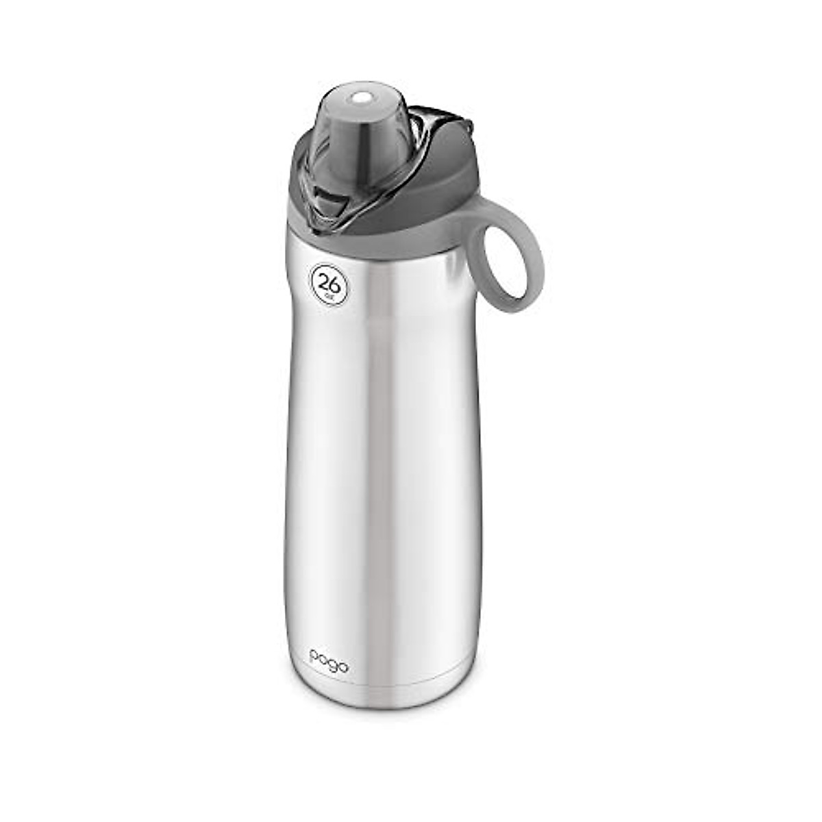Pogo Vacuum Insulated Stainless Steel Water Bottle with Leak Proof Chug Lid and Silicone Carry Loop, Grey, 26 oz