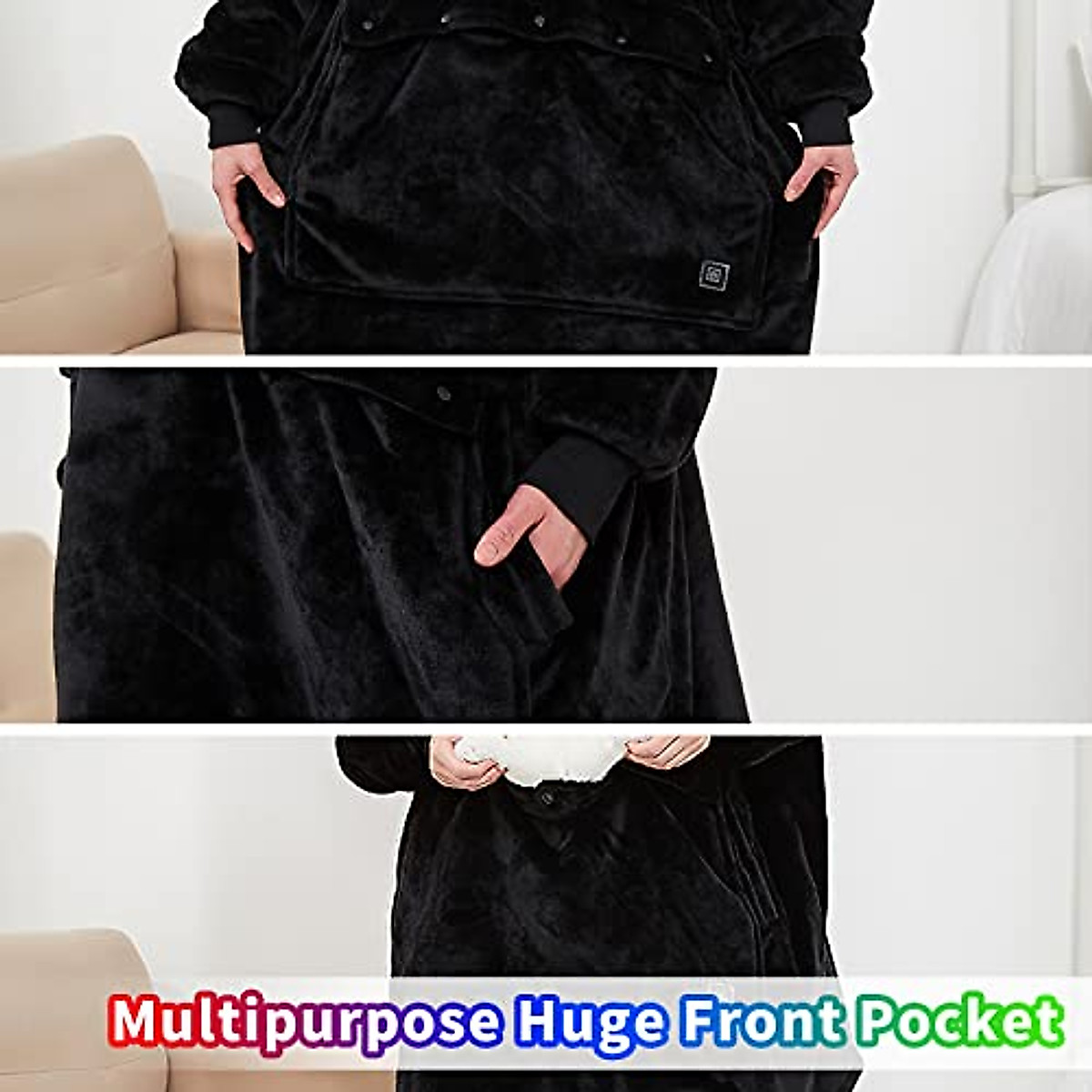 Electric Heated Wearable Blanket Hoodie, Oversized Blanket Sweatshirt for Women/Men Without Battery and Adapter (Black)