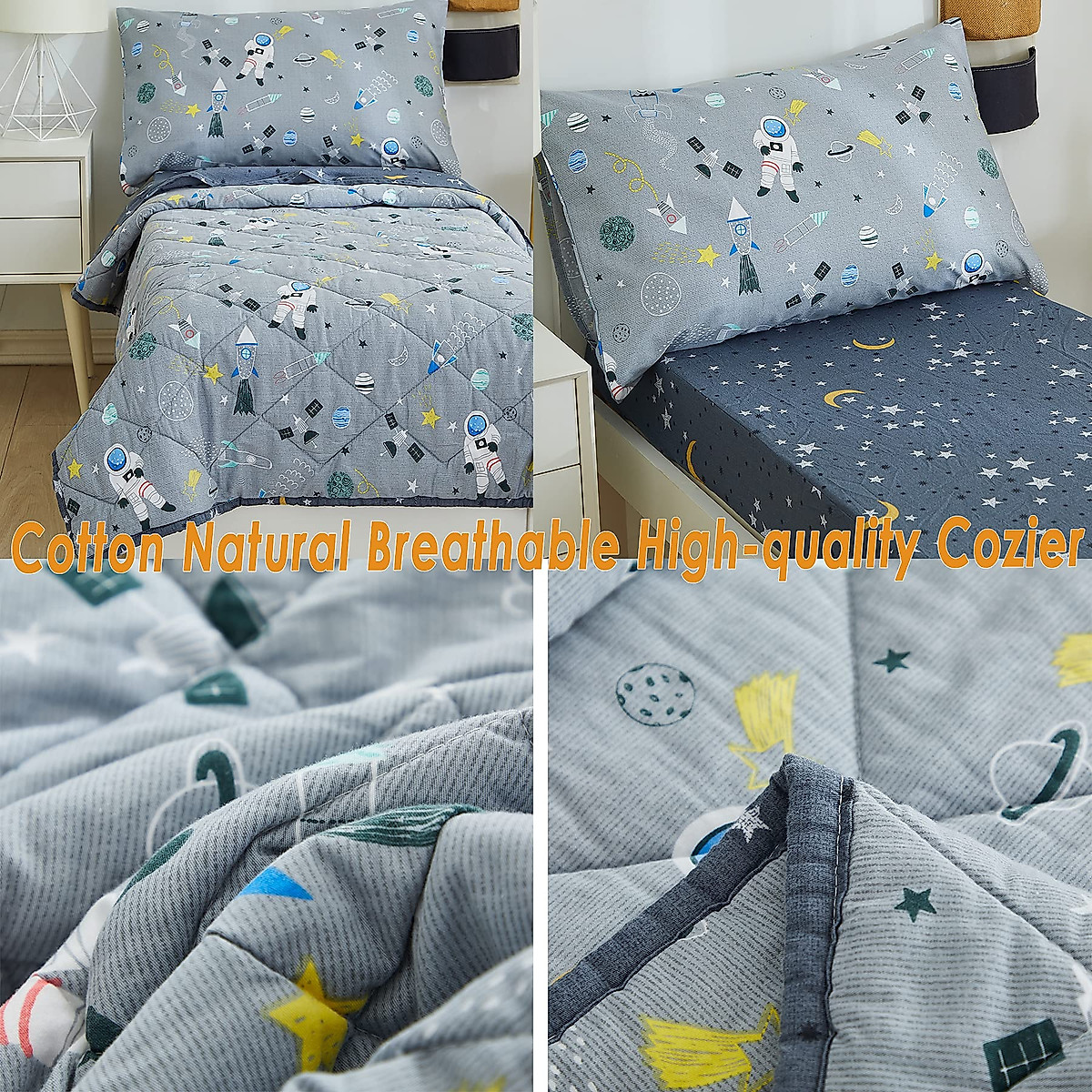 Brandream 4-Piece Toddler Bedding Sets for Boys Space Rocket Galaxy Bed Sheet Set Girls Includes Comforter, Top Flat Sheet, Fitted Sheets and Pillowcases, Cotton