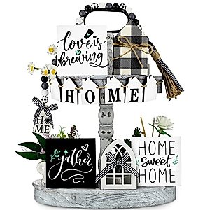 Spakon 14 Pieces Farmhouse Tiered Tray Decor Black White Buffalo Plaid Christmas Decor Wood Bead Garland with Tassel for Rustic Home Sweet Home Farmhouse Xmas Gift(Home Style)