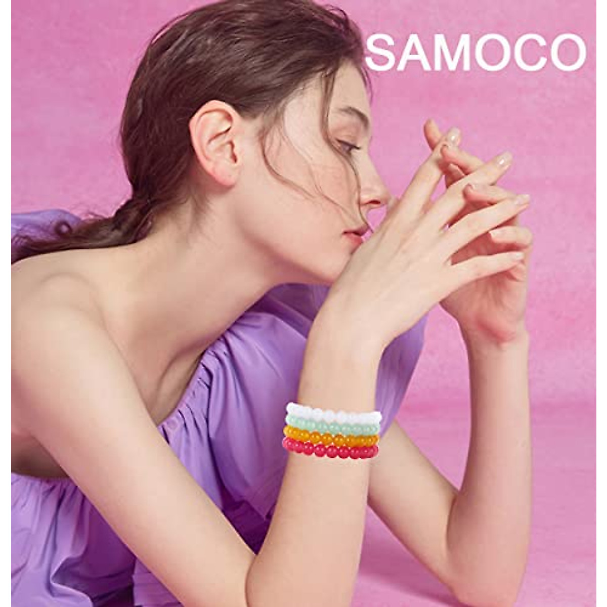 SAMOCO 24Pcs 8mm Beaded Stretch Bracelet Handmade Round Glass Bracelet for Women Multicolor Matte Beads Elastic Bracelet