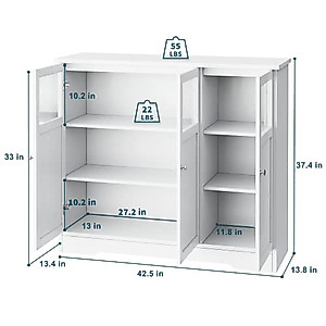 FOTOSOK Display Floor Cabinets with 3 Glass Doors For Storage, 15.75" D x 43" W x 37.5" H, Sideboard Buffet / Coffee Bar Cabinet for Kitchen, Dining Room, Living Room White