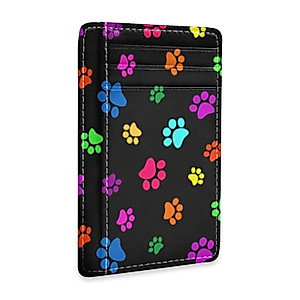 Linomo Thin leather Card Holder and Money Clip Colorful Dog Paw Print Wallet RFID Blocking for Men & Women