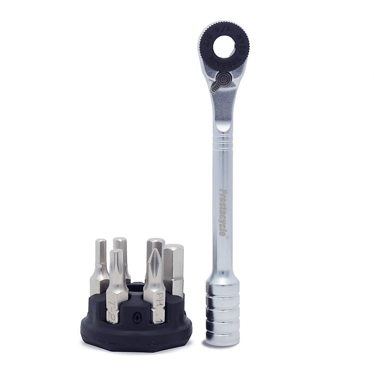 Prestacycle Prestaratchet Micro, Heavy-Duty Mini Ratchet & 1/4 Bits for Bike Repair & Maintenance, 40Nm Small Ratchet & Screwdriver with 6 Hex Bit Set, with Round Bit Holder & Tool Stand