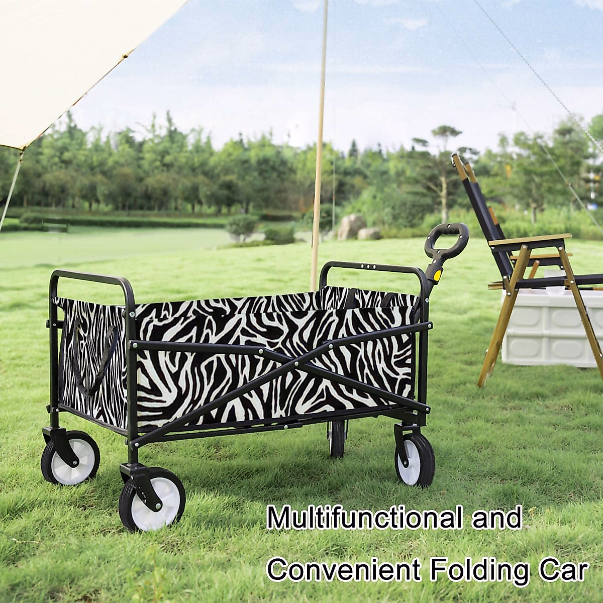 Outdoor Collapsible Wagon Zebra Fur Stripe Skin Animal Repeating Texture Black White Seamless Camping Shopping Garden Cart Heavy Duty Wagon Adjustable Portable Utility Folding Wagon with Wheels