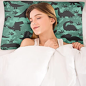 Silk Satin Pillowcase Standard Size for Hair and Skin, Teal Camo Cute Animal Dinosaur Cooling Pillow Case with Hidden Zipper Soft Breathable Pillow Cover Gifts for Women Men, 20x26in